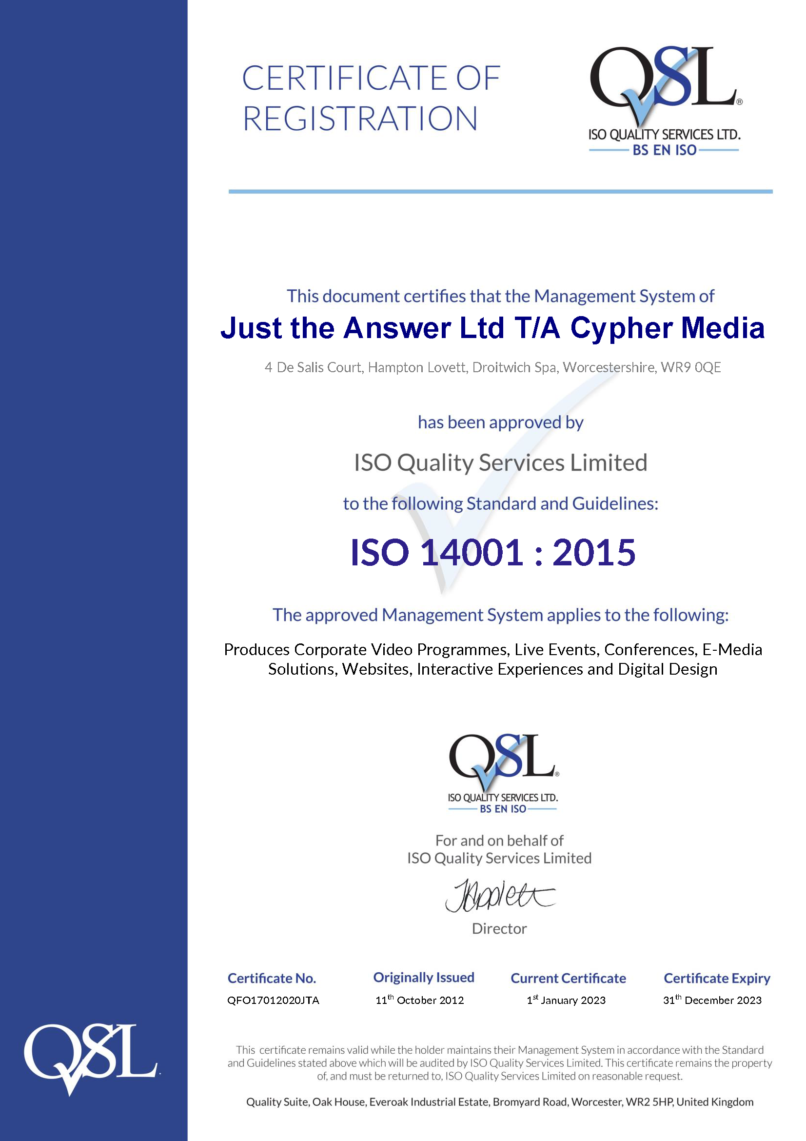 ISO 14001 Recertification | Cypher Media